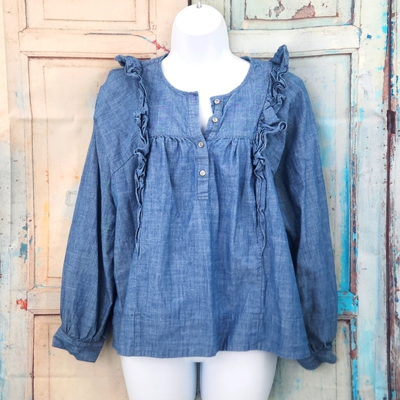 J. Crew | Tops | J Crew Ruffle Denim Long Sleeve Top | Poshmark